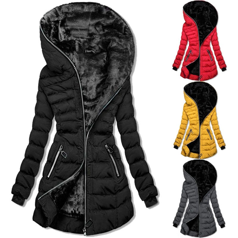 Women's Hooded Mid-Length Winter Coat with Plush Lining – blackenx